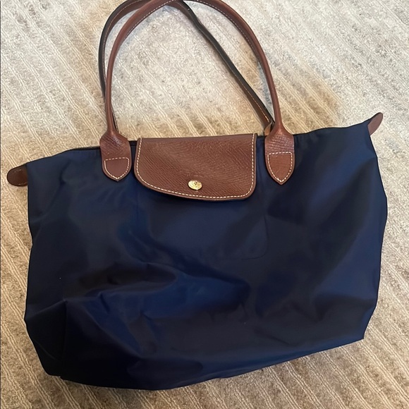 Longchamp | Bags | Longchamp Blue And Brown Tote Bag With Leather ...